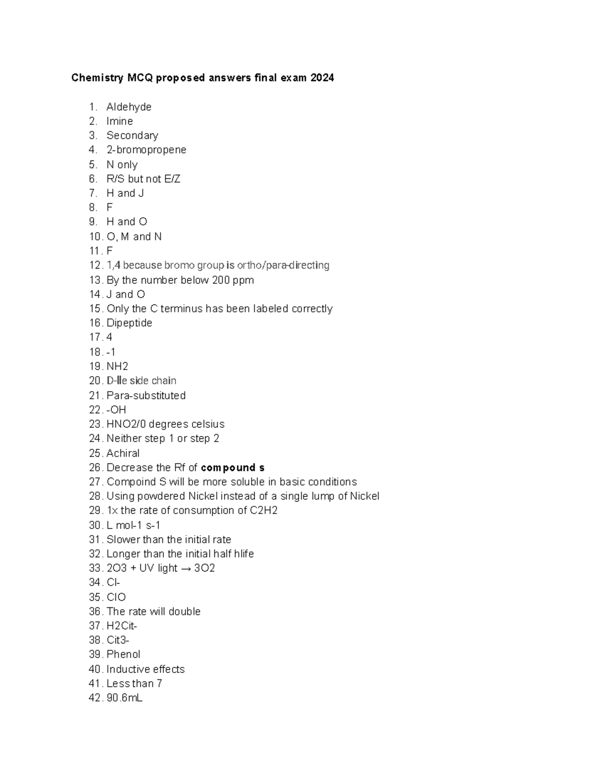Chemistry MCQ proposed answers final exam 2024 - Aldehyde 2. Imine 3 ...