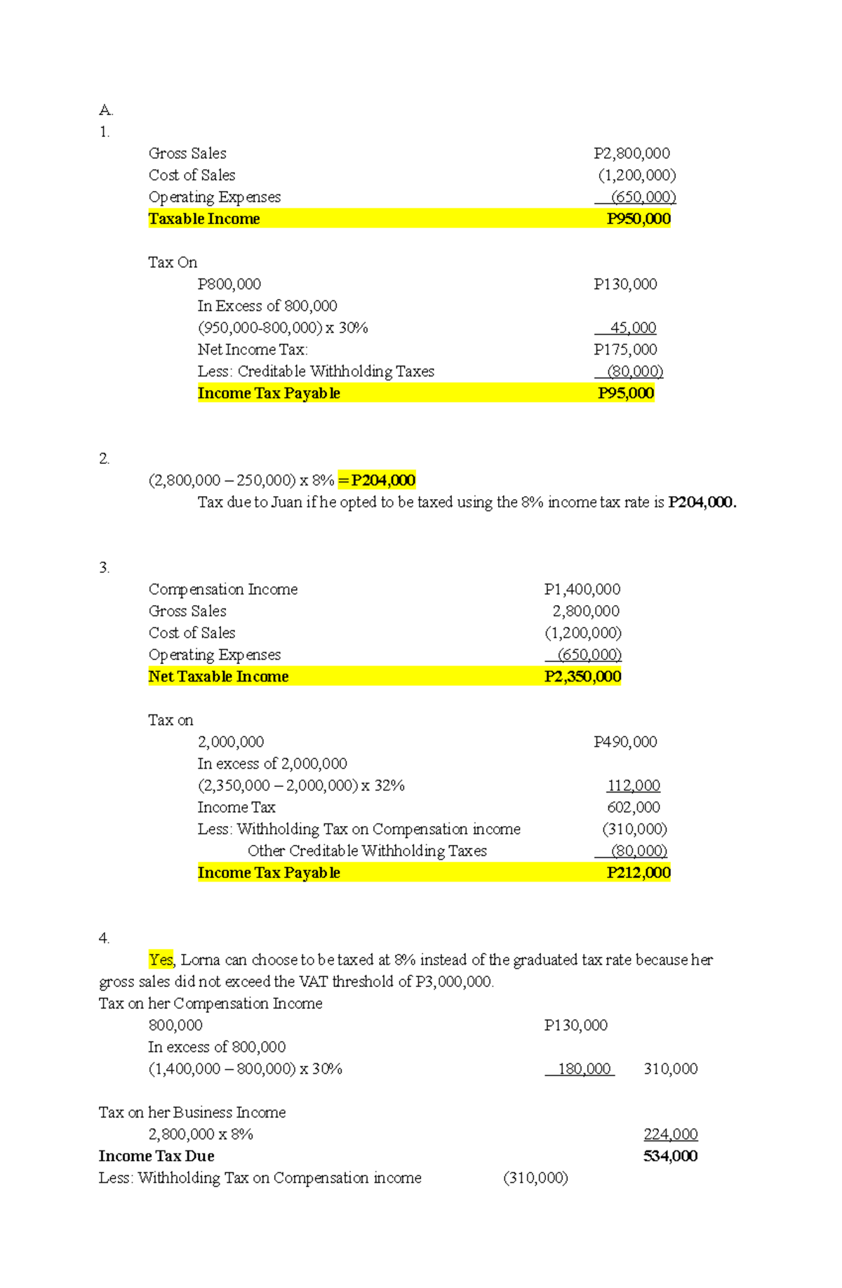 Income taxation computation - A. 1. Gross Sales P2,800, Cost of Sales ...