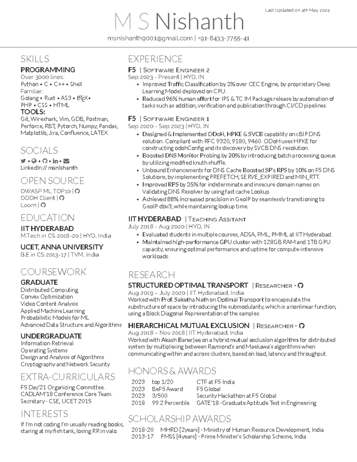 Deedy CV - nnn - Last Updated on 4th May 2024 M S Nishanth msnishanth9001@gmail | +91-8433-7755 ...