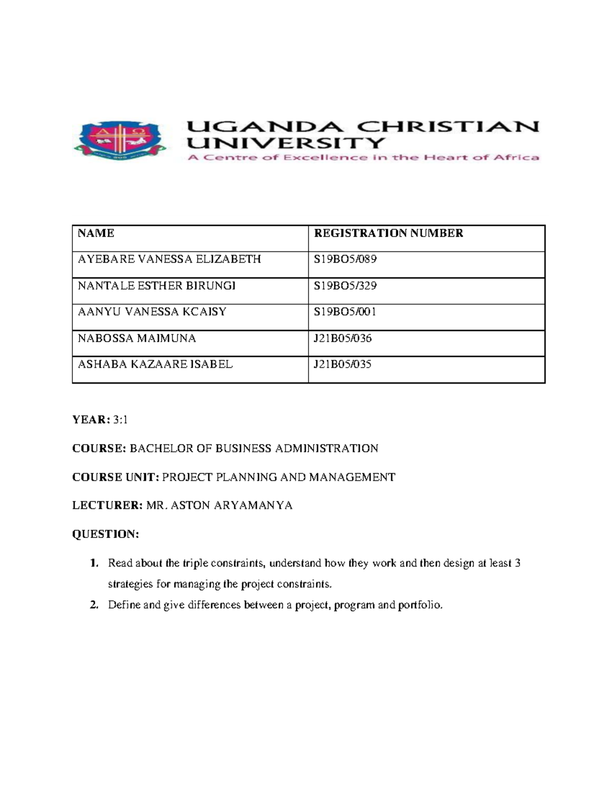 Triple Constraint Triangle copy copy - NAME REGISTRATION NUMBER AYEBARE ...