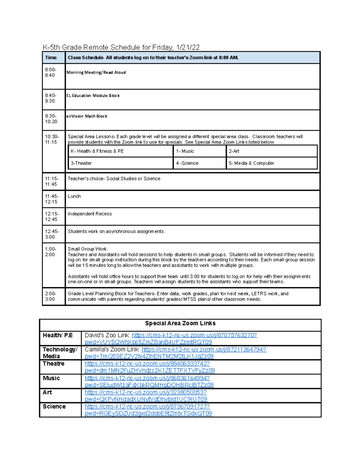 K-5 Remote Learning Schedule for 1-21-22 - K-5th Grade Remote Schedule ...