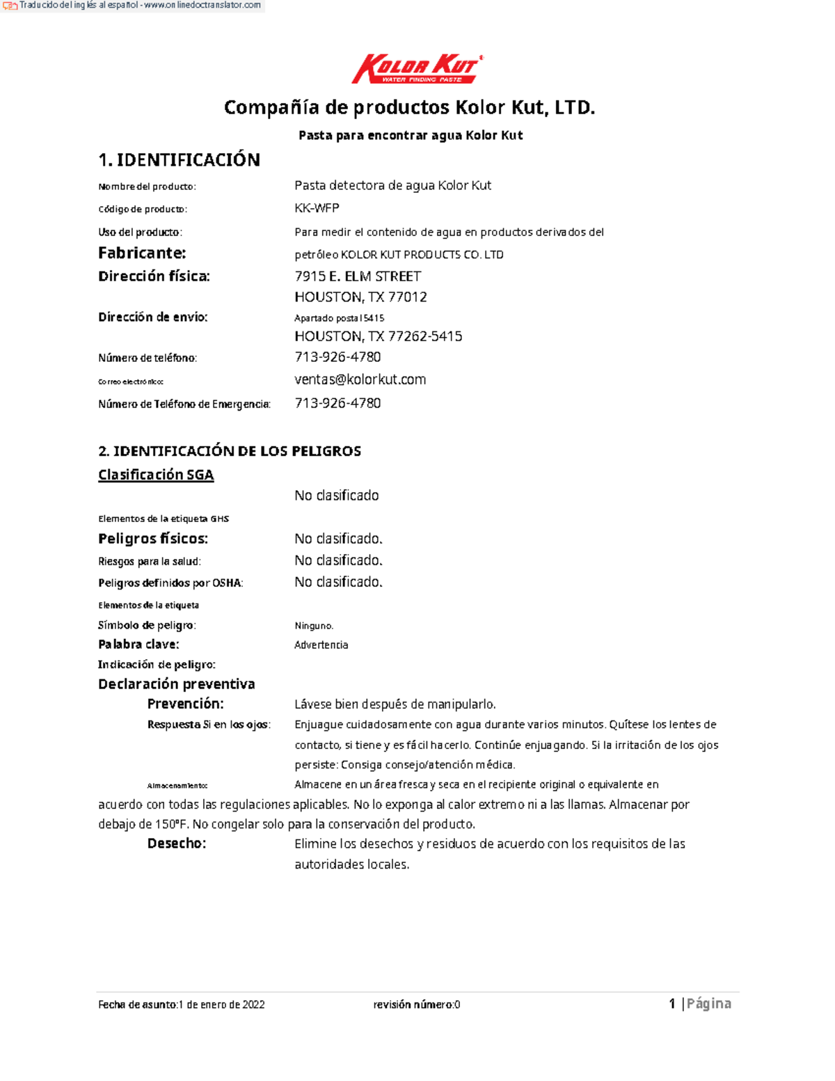 SDS Kolor KUT - WFP - HDS - Compañía de productos Kolor Kut, LTD. Pasta ...