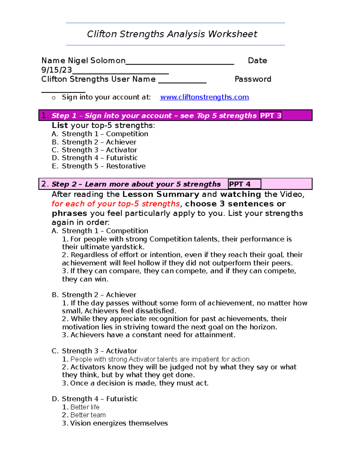 Clifton Strengths done - Clifton Strengths Analysis Worksheet Name ...