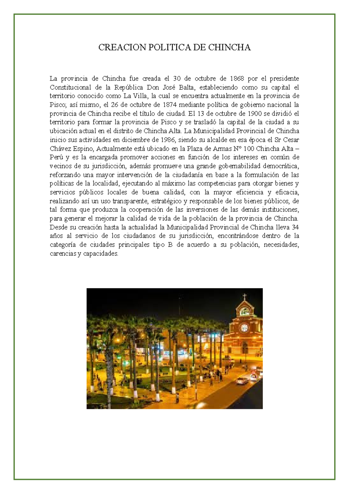 Trabajo Mecho - chincha - CREACION POLITICA DE CHINCHA La provincia de ...