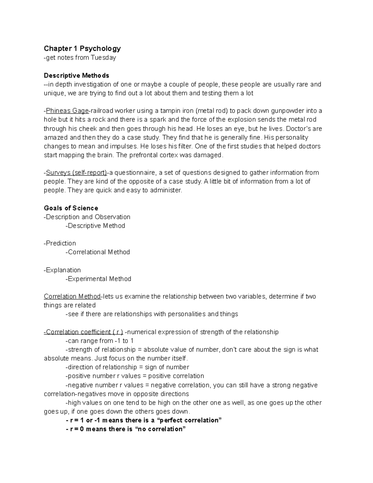 Psych notes - Chapter 1 Psychology -get notes from Tuesday Descriptive ...