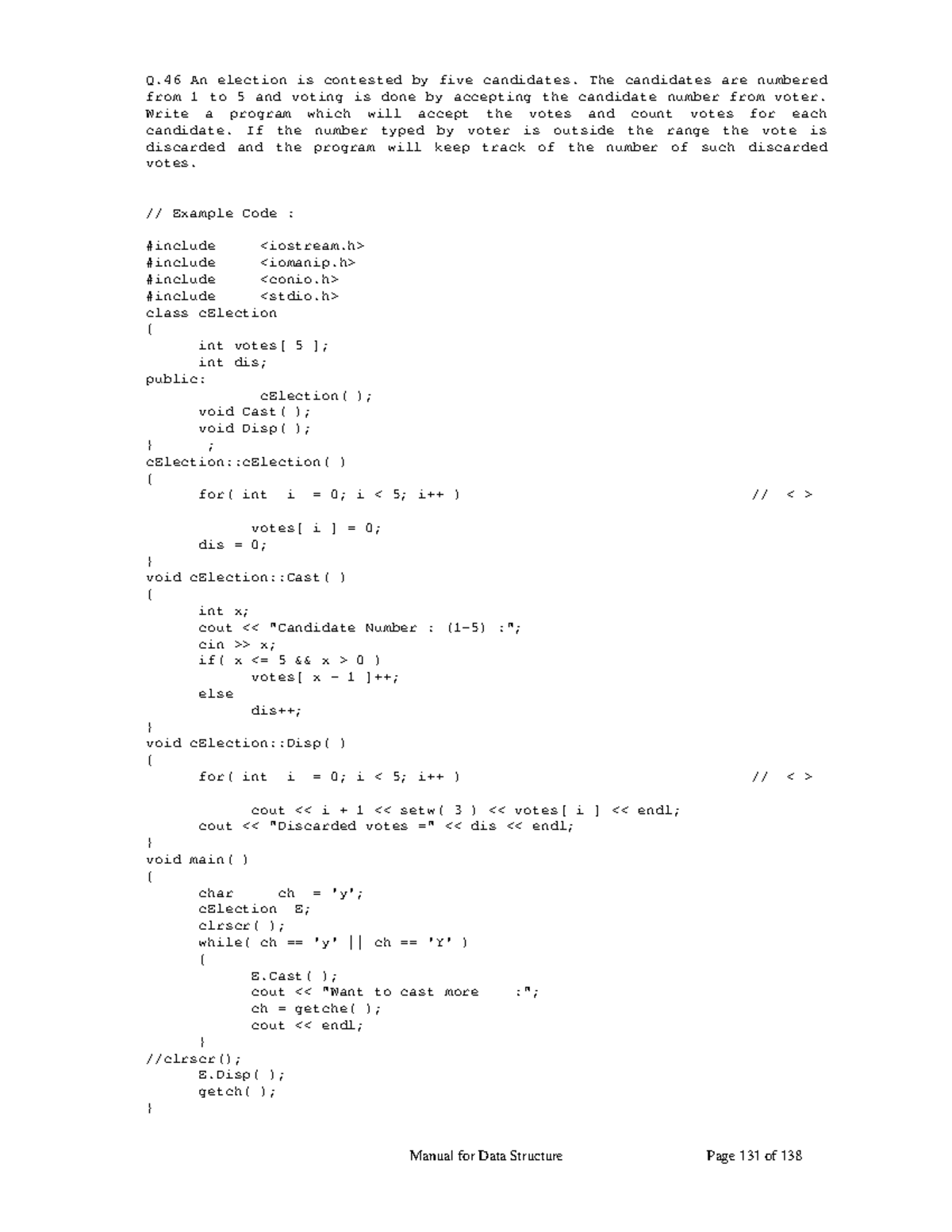 Class Using Media Function Manual For Data Structure Page 131 Of 138 Q An Election Is 