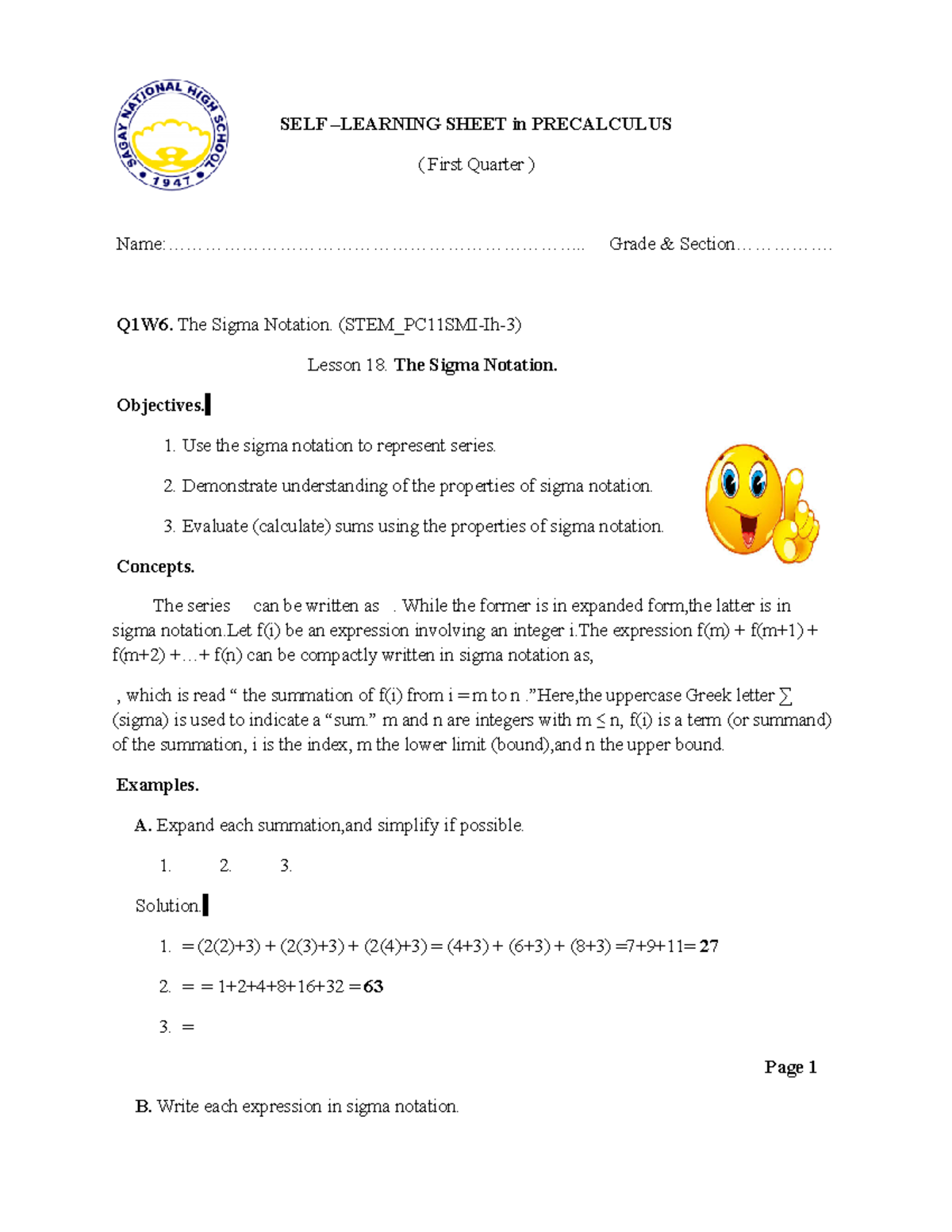 Module-18 - yeah - SELF –LEARNING SHEET in PRECALCULUS ( First Quarter ...