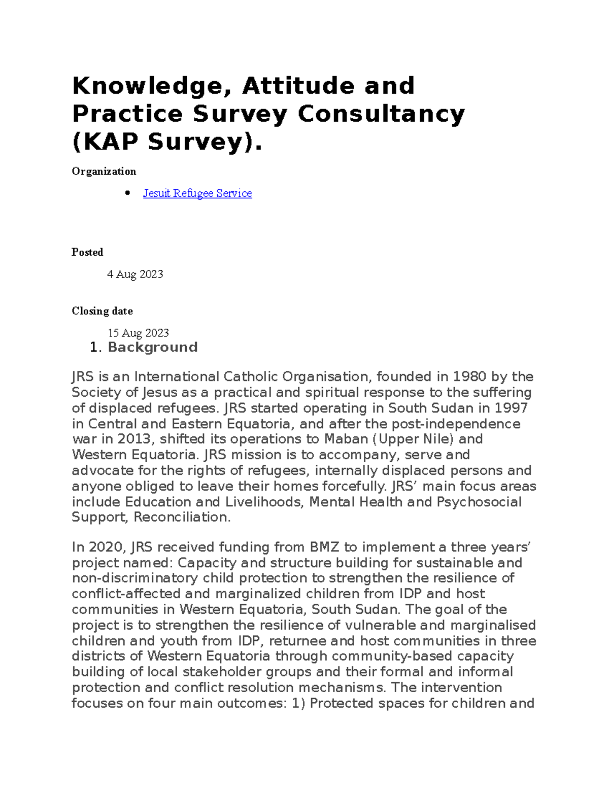 KAP TOR - Knowledge, Attitude and Practice Survey Consultancy (KAP Survey). Organization Jesuit ...