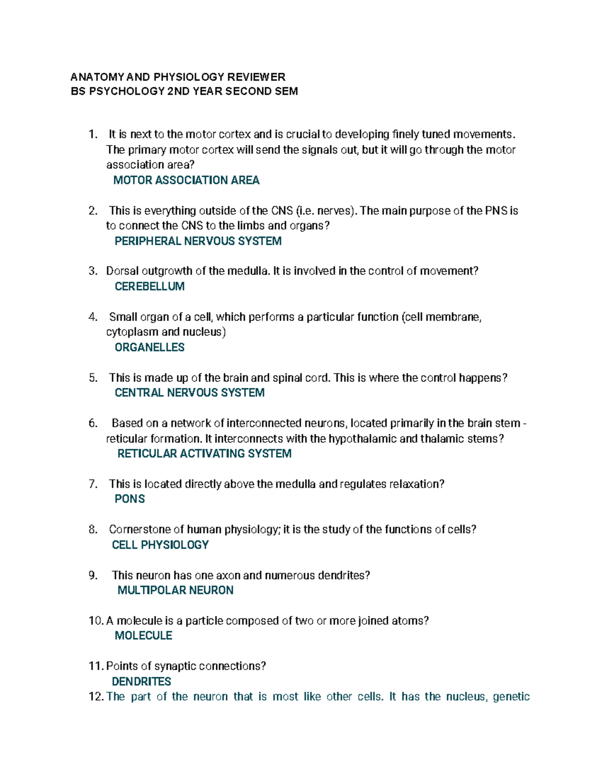 Anatomy AND Physiology Reviewer - ANATOMY AND PHYSIOLOGY REVIEWER BS ...
