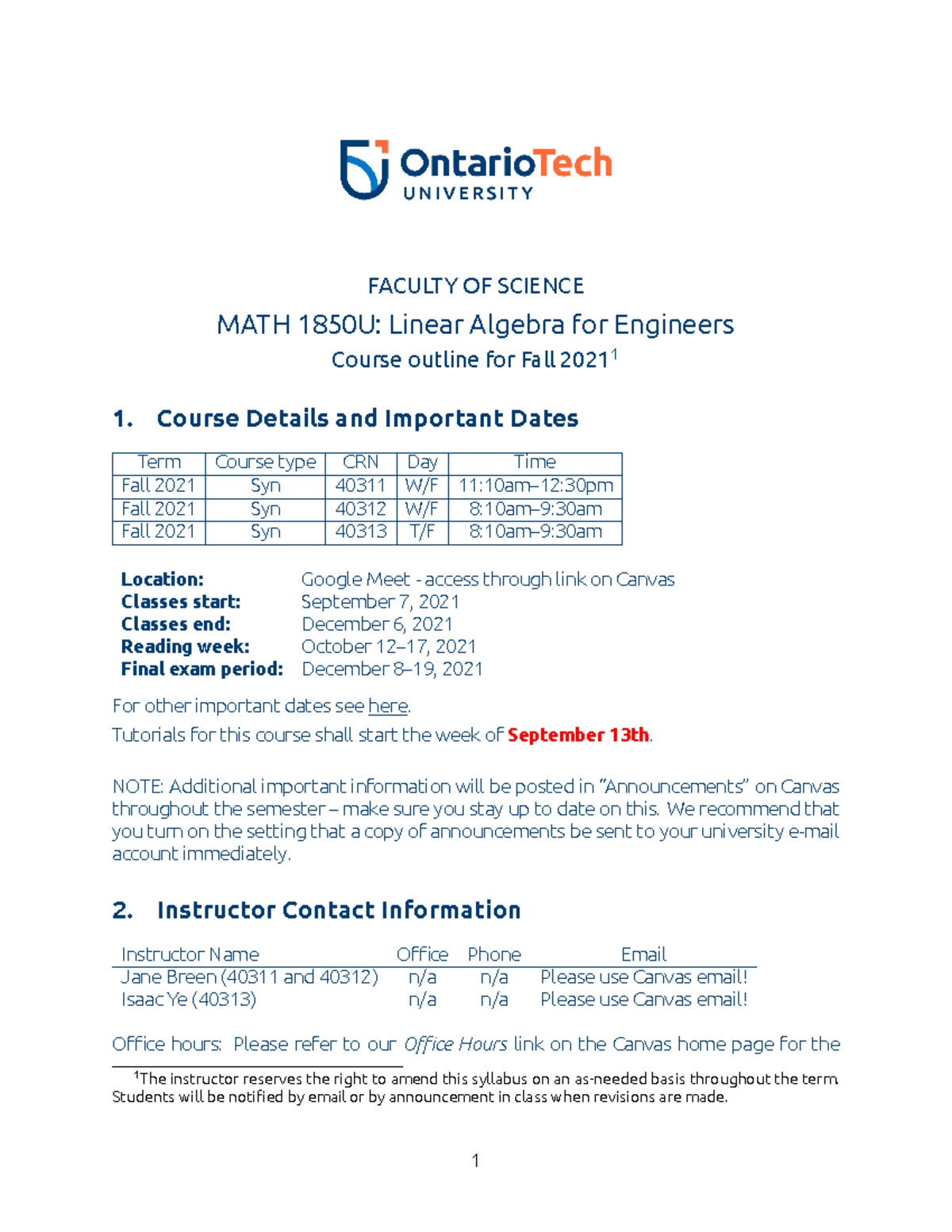 linear algebra syllabus - FACULTY OF SCIENCE MATH 1850U: Linear Algebra ...