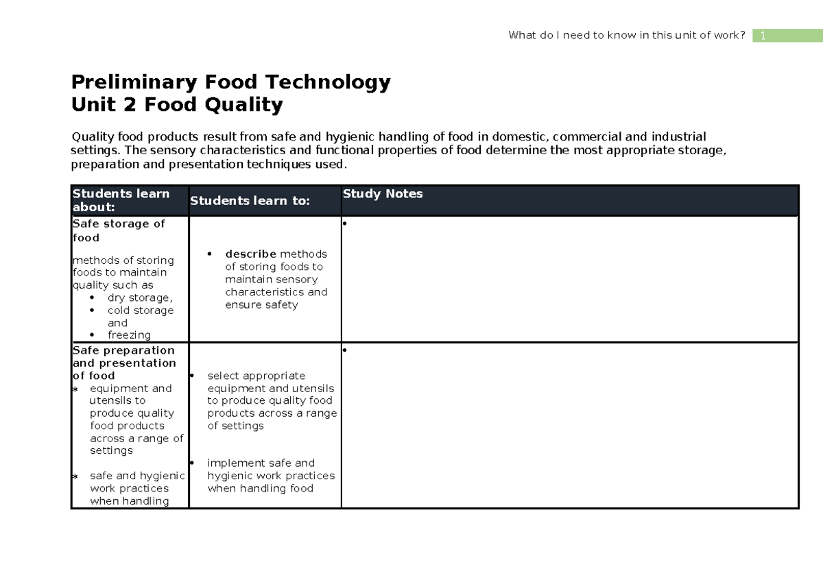 0 Food Quality Study Notes Template - What do I need to know in this ...