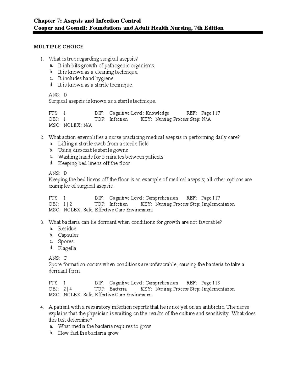 C7 - C7 notes - Chapter 7: Asepsis and Infection Control Cooper and ...