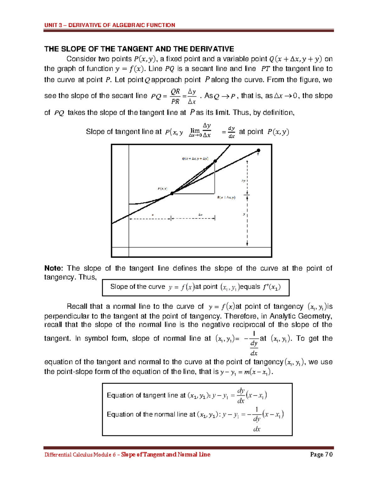 UNIT 3 Module 6 - Slope OF A Tangent AND Derivative - ####### THE SLOPE ...
