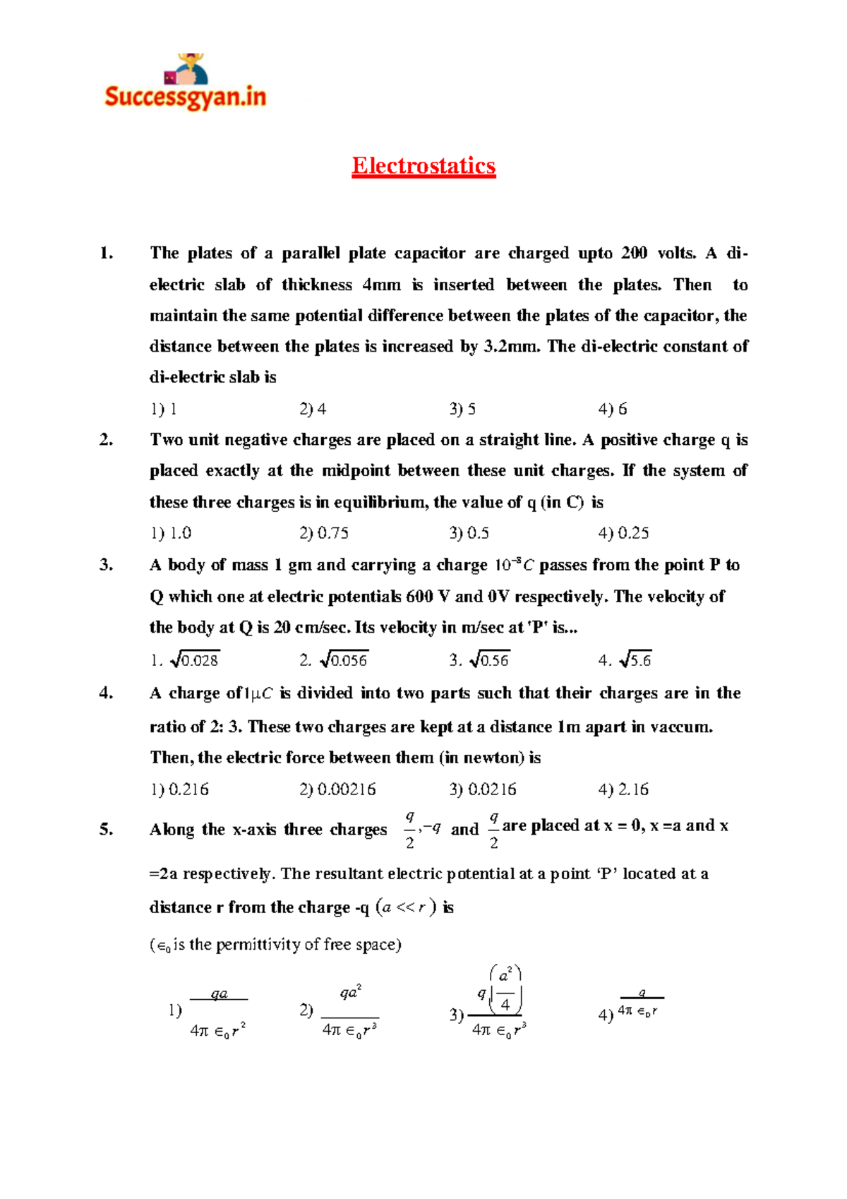 1Electrostatic - Electrostatic - Electrostatics 1. The plates of a ...