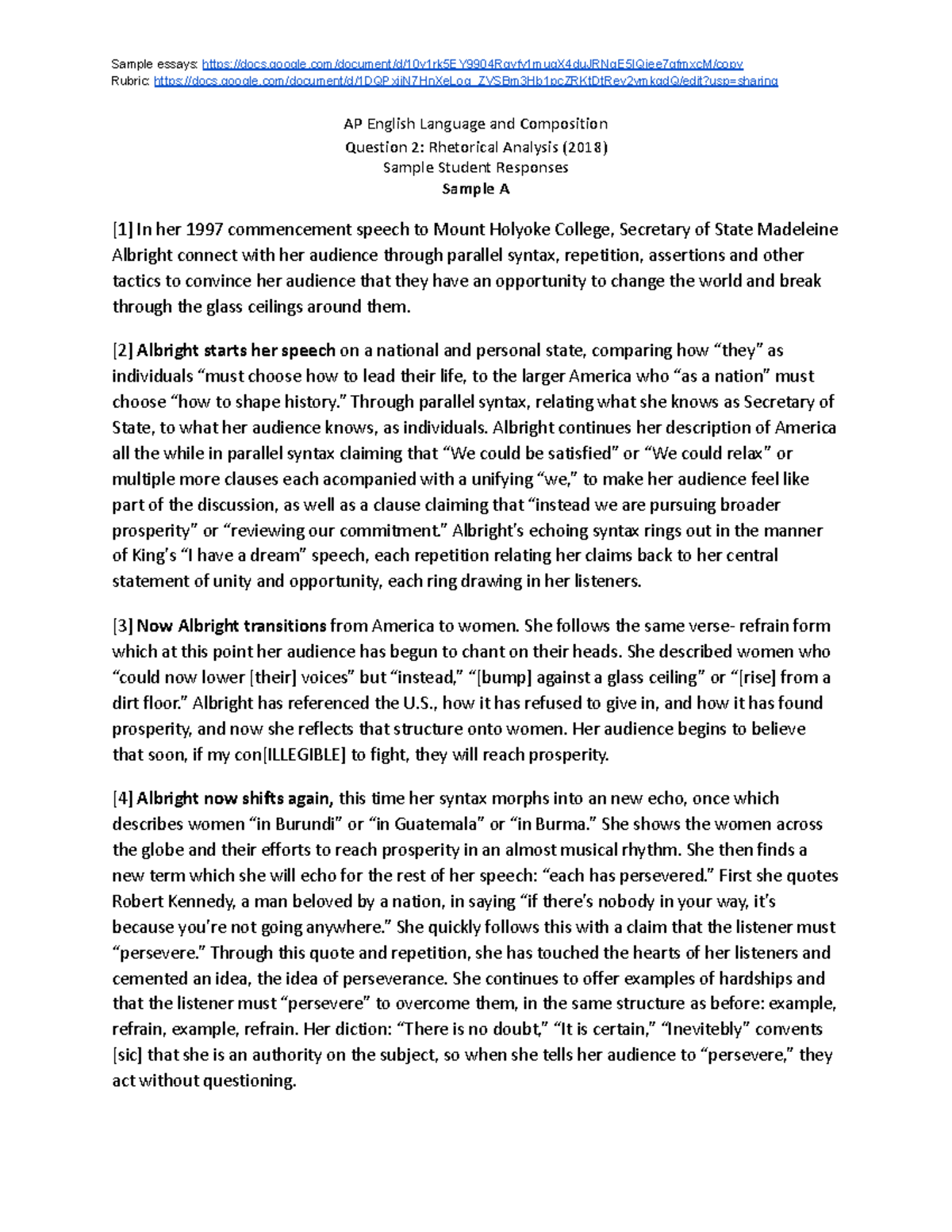 Rhetorical Analysis Sample Student Responses 2018 - Rubric: - Studocu