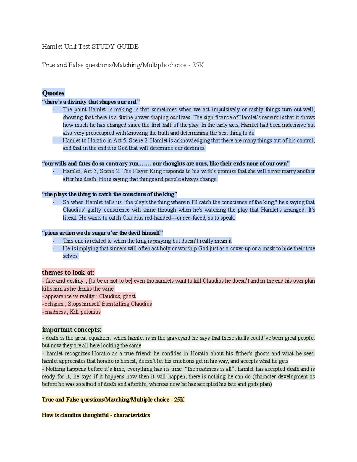 Unit four test - Hamlet Unit Test STUDY GUIDE True and False questions ...