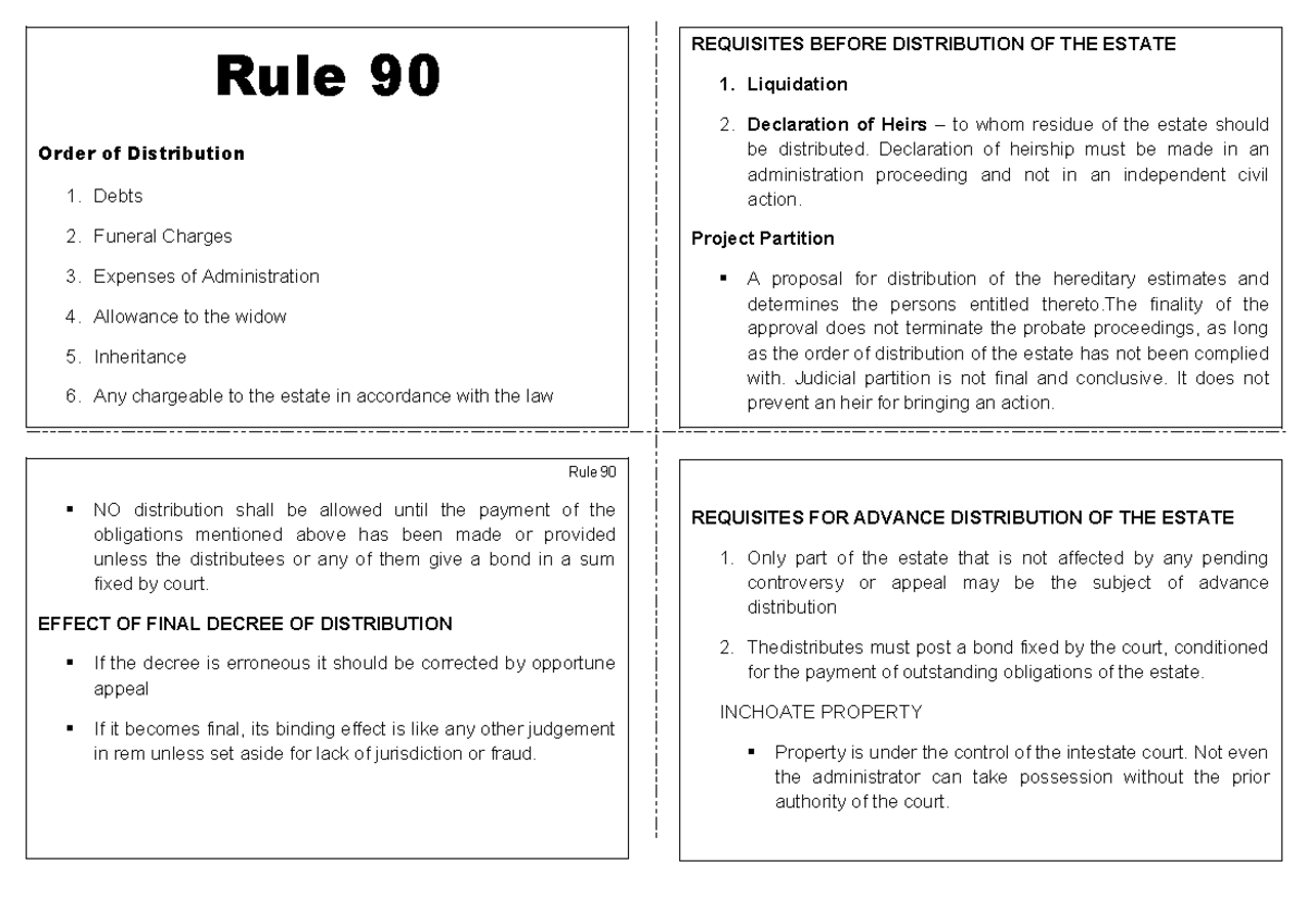 Midterm Reviewer Rule 90-97 - Rule 90 Order of Distribution 1. Debts 2 ...