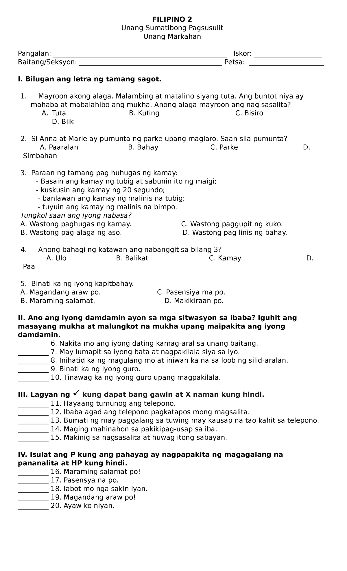Filipino 2 - FILIPINO 2 Unang Sumatibong Pagsusulit Unang Markahan ...