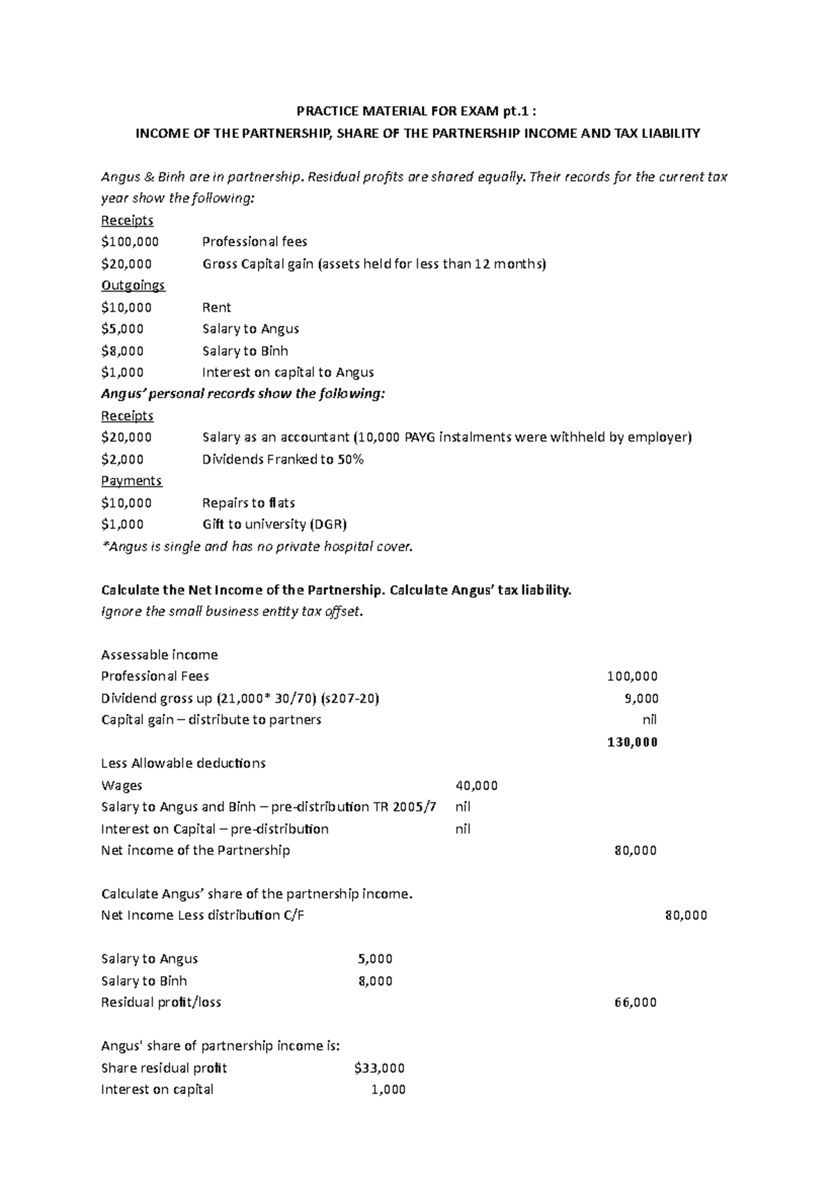Week 12 Practice Material FOR EXAM - Income of the Partnership, share of the partnership income ...
