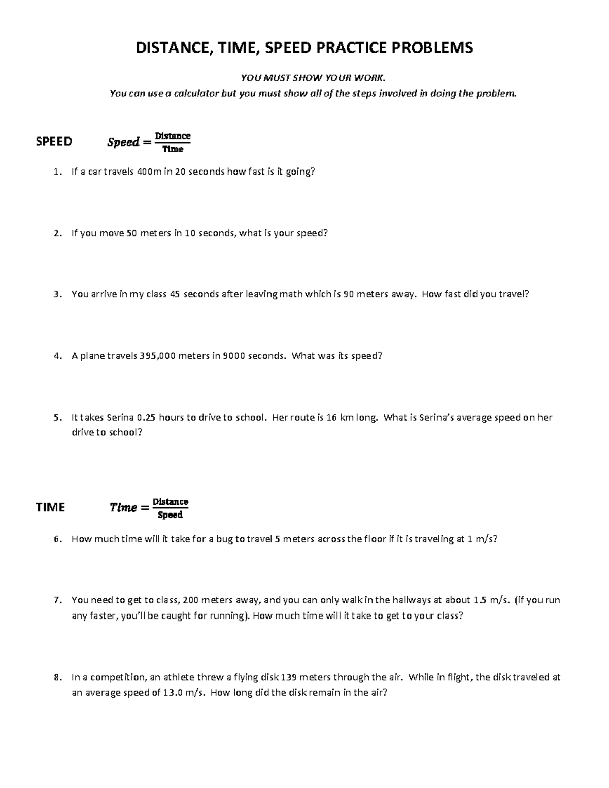 8Sci FM Speed Probs-1358kwo - DISTANCE, TIME, SPEED PRACTICE PROBLEMS ...