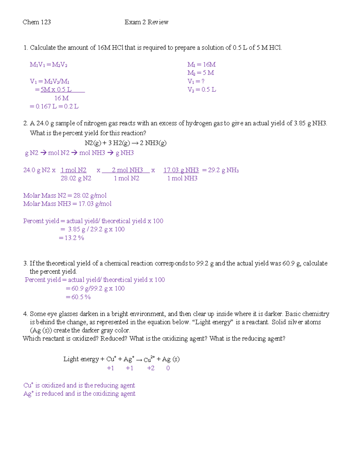 Practice+Problems+Exam2 KEY - Chem 123 Exam 2 Review 1. Calculate the ...