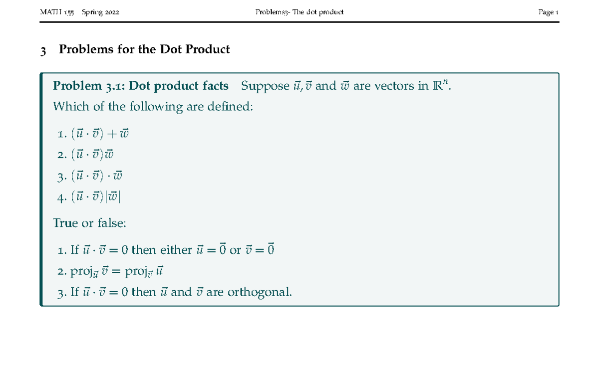 Introduction To Dot Product Practice Problem Set 3 Problems For The 