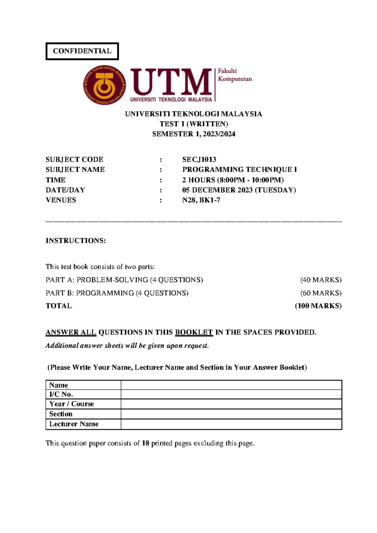 Secj1013 Test 1 Written 202320241 Question Subject Code Secj Subject Name Programming