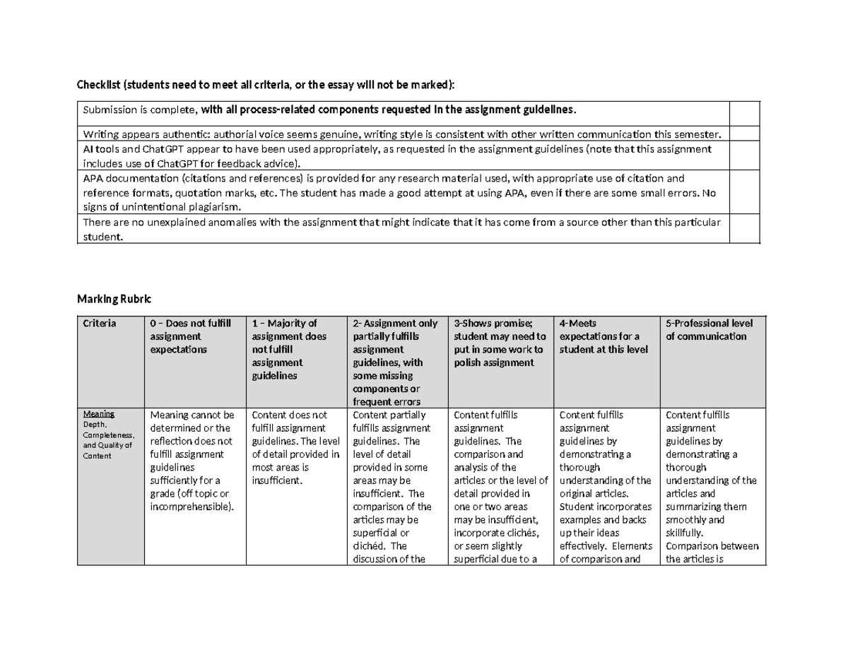 Comparative Critical Analysis Marking Rubric Fall 2023 - Checklist ...