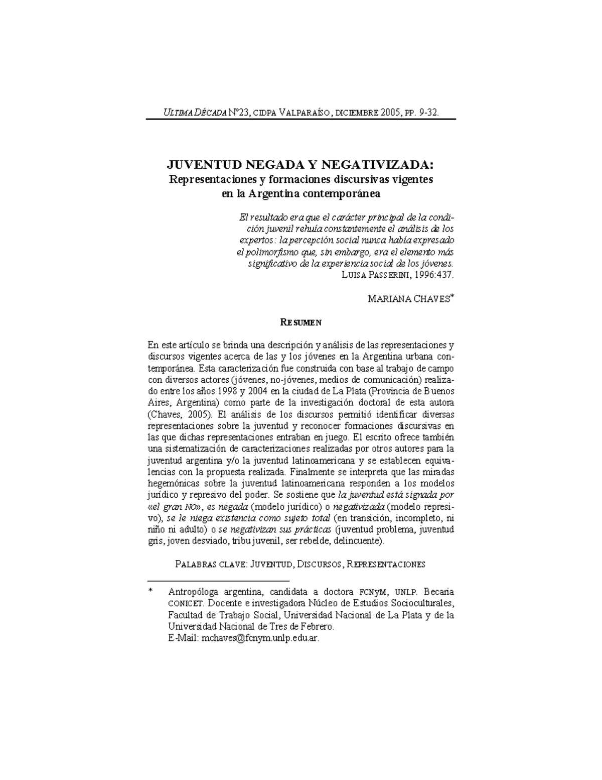 Juventud negada y negativizada - U LTIMA D ÉCADA Nº23, CIDPA V ...