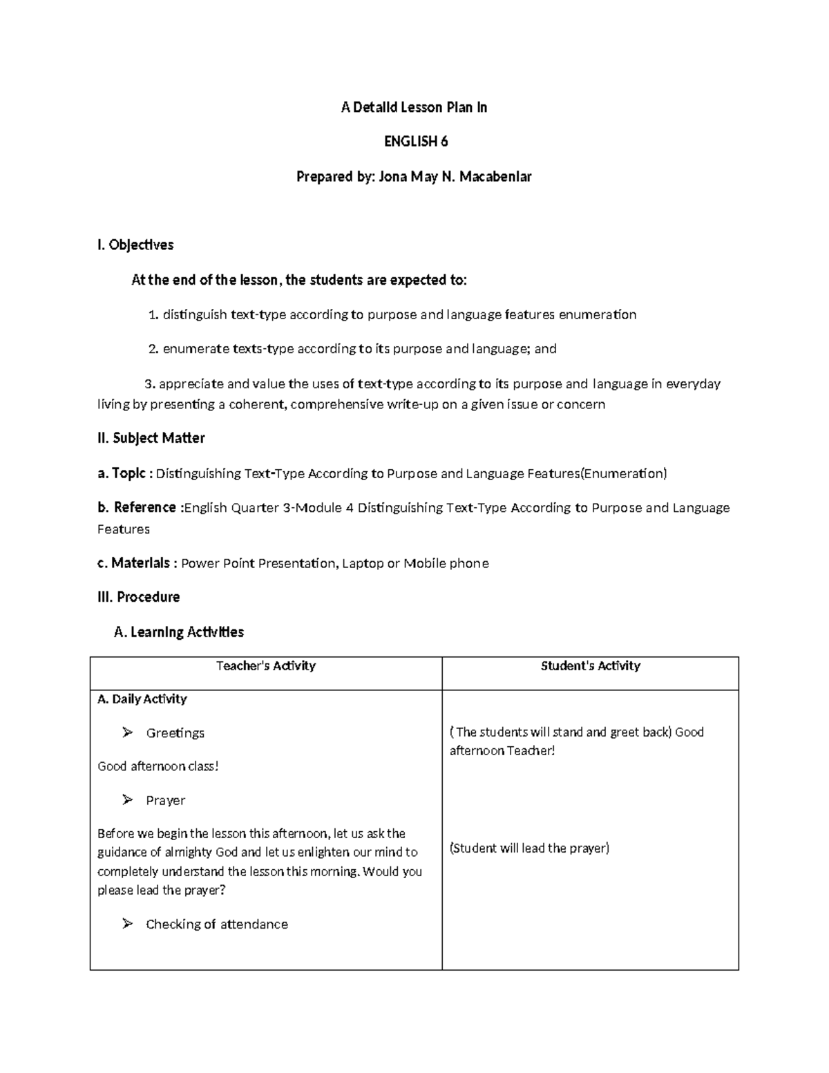 Lessonplan English 6 - ..... - A Detaild Lesson Plan in ENGLISH 6 ...