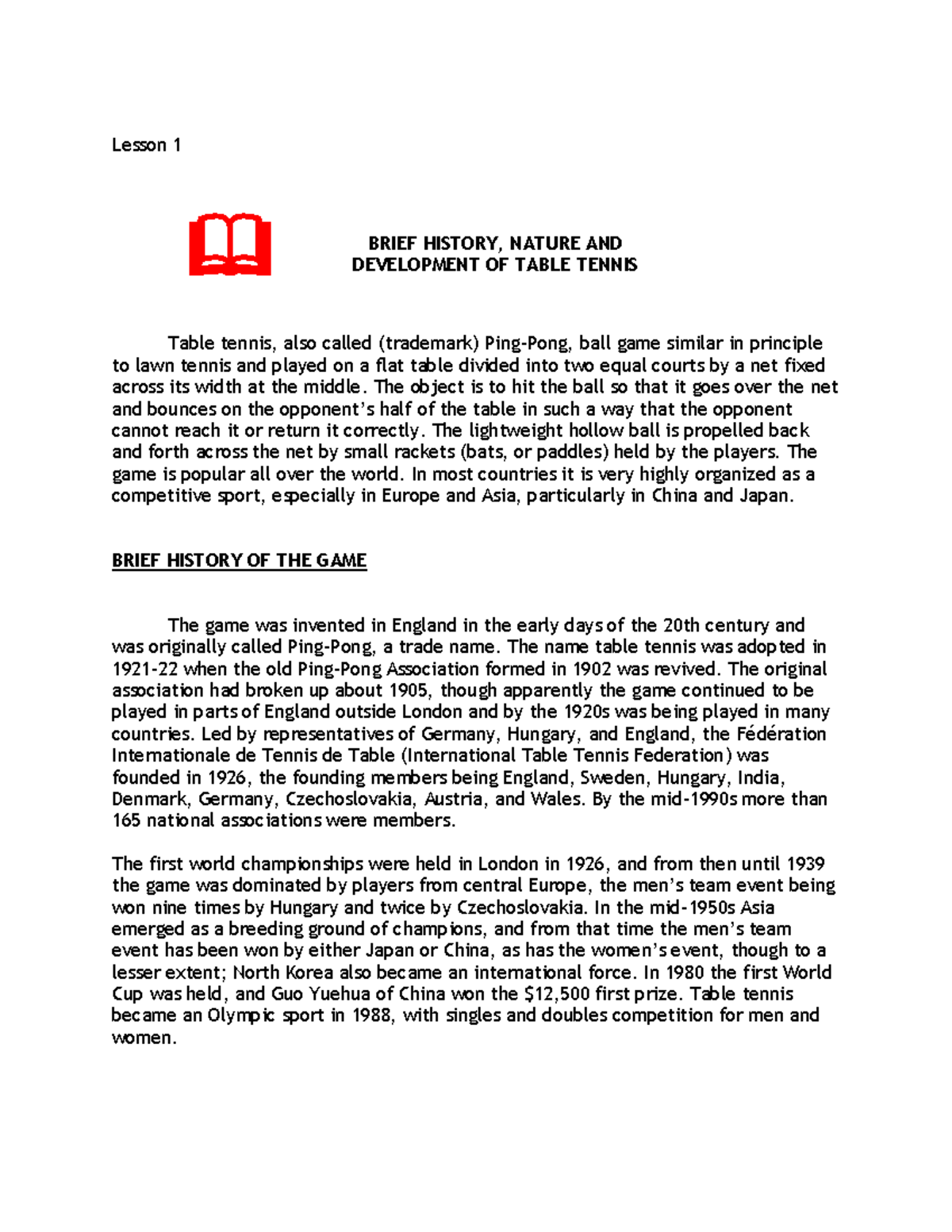 Brief History, Nature AND Development OF Table Tennis - Lesson 1 Table ...