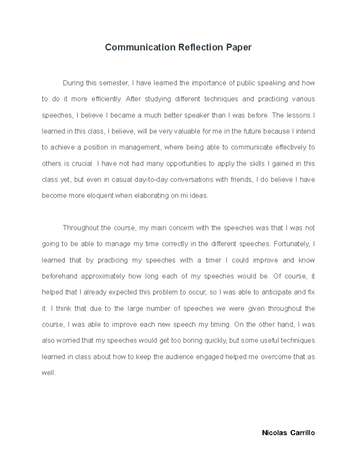 Communication Reflection Paper assignment - Communication Reflection ...