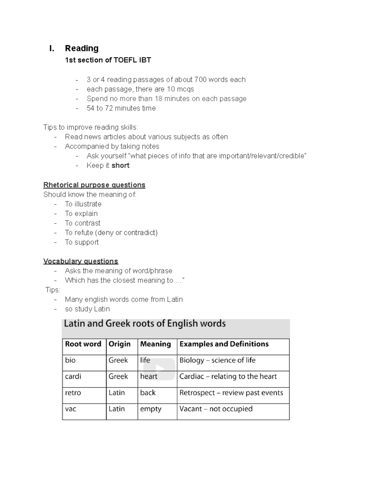 Toefl notes - hello hello hello - I. Reading 1st section of TOEFL IBT 3 ...