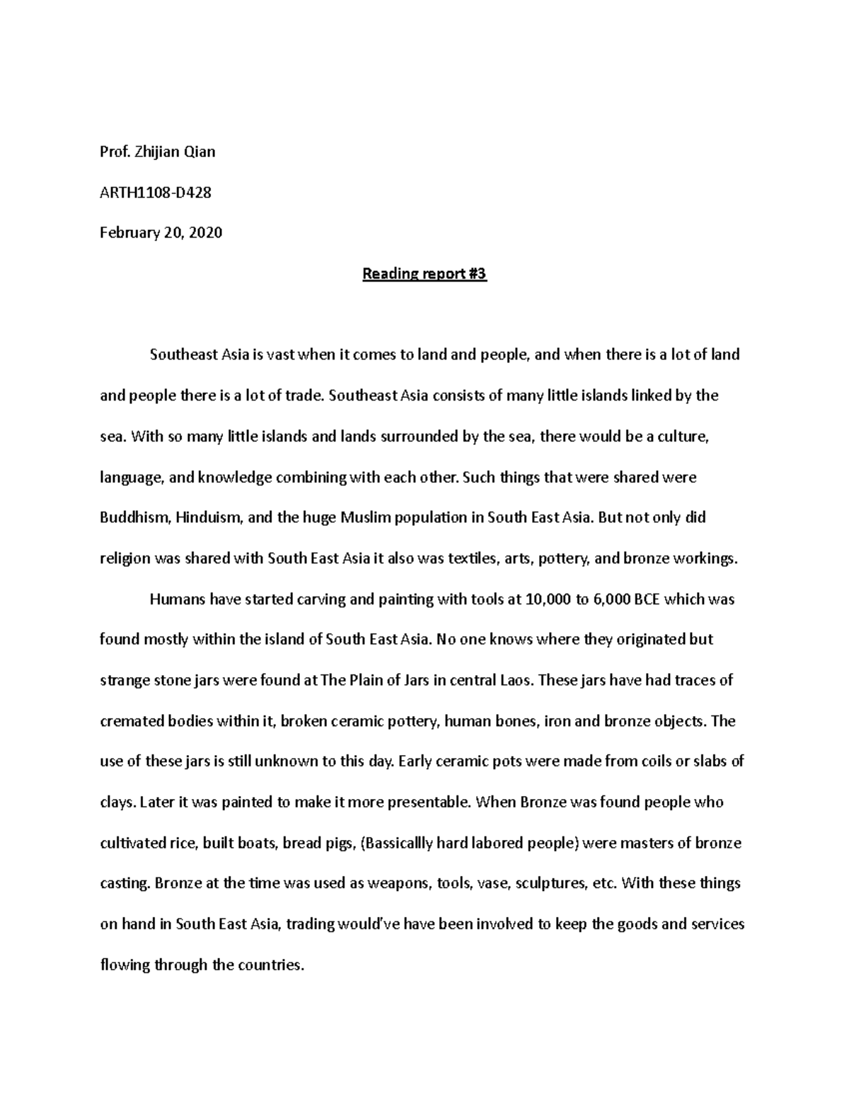 Reading Report #3 - HW for Art - Prof. Zhijian Qian ARTH1108-D February ...