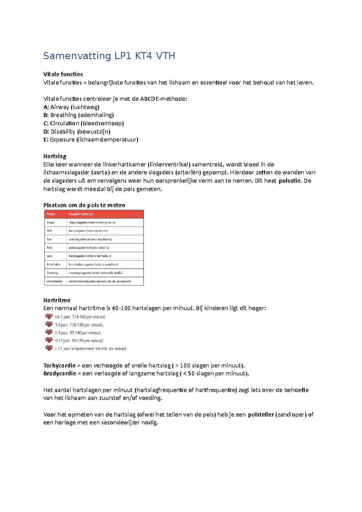 Samenvatting LP1 KT4 VTH - Samenvatting LP1 KT4 VTH Vitale functies ...