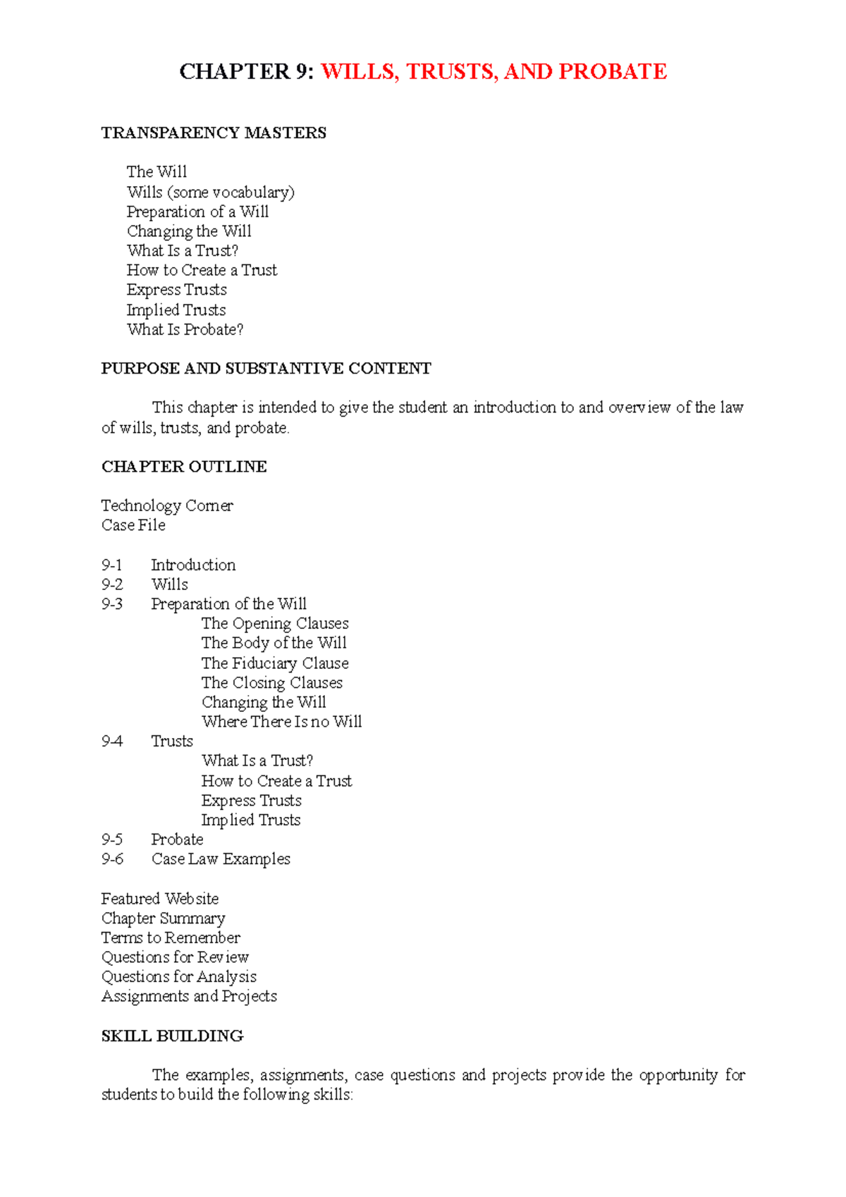 Ch09 Wills Trusts and Probate - CHAPTER 9: WILLS, TRUSTS, AND PROBATE TRANSPARENCY MASTERS The ...