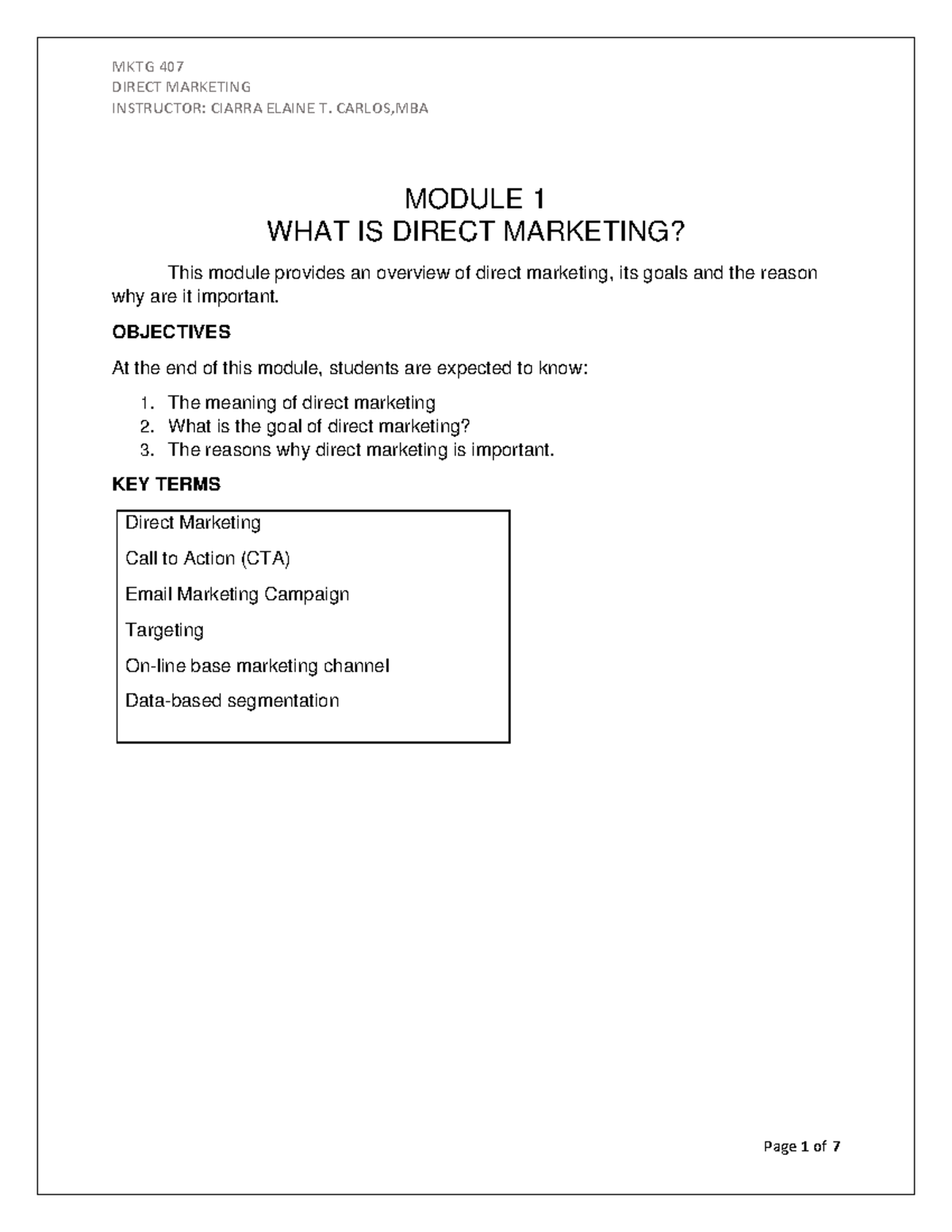 Chapter 1 Direct Marketing 407 - DIRECT MARKETING INSTRUCTOR: CIARRA ...