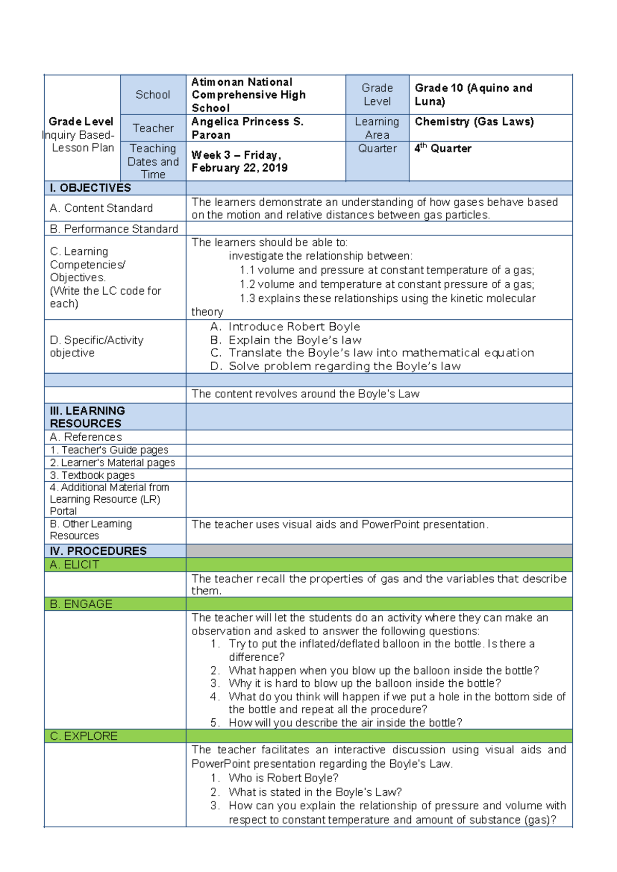 442818401 Boyle S LAW 7 E S Lesson PLAN - Grade Level Inquiry Based ...