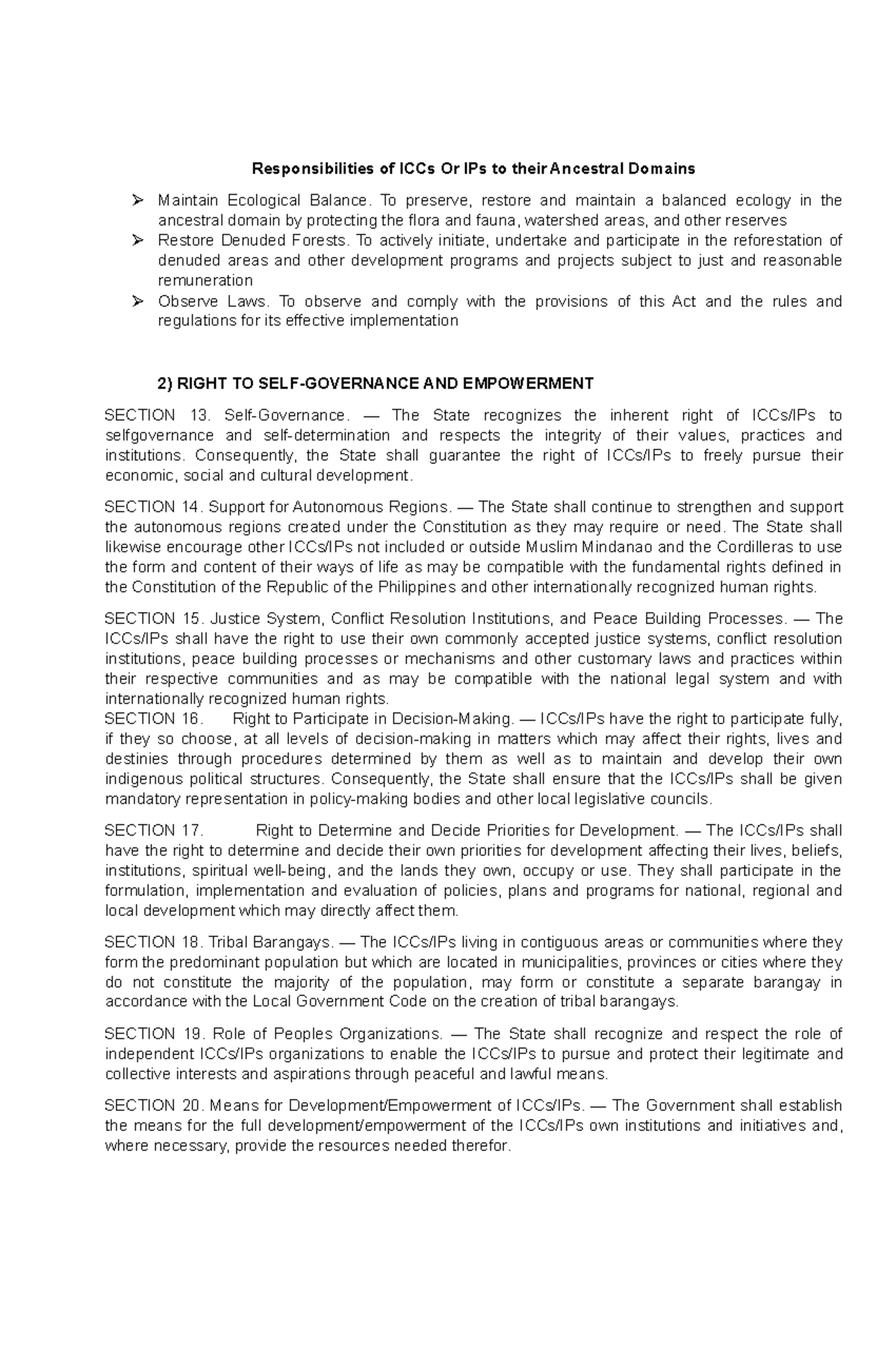 Responsibilities of ICCs Or IPs to their Ancestral Domains - To ...