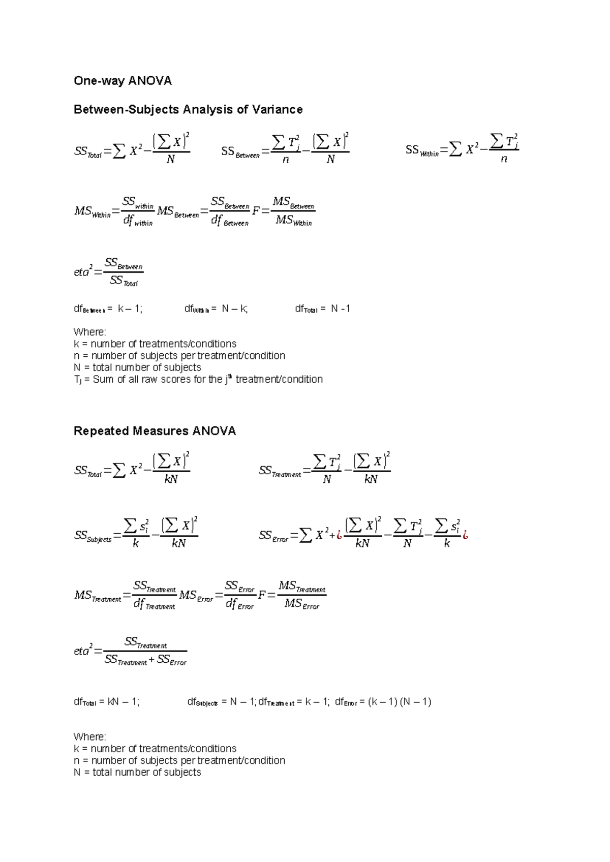 Psyc250formula Sheet - One-way ANOVA Between-Subjects Analysis of ...