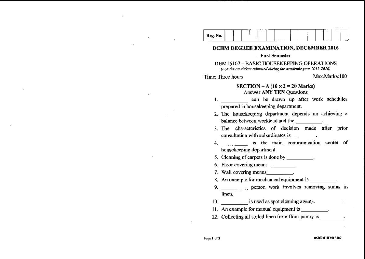 DHM15107 1 SEM - notes - Reg. No. DCHM DDGREE EXAMINATION, DECEMBER ...