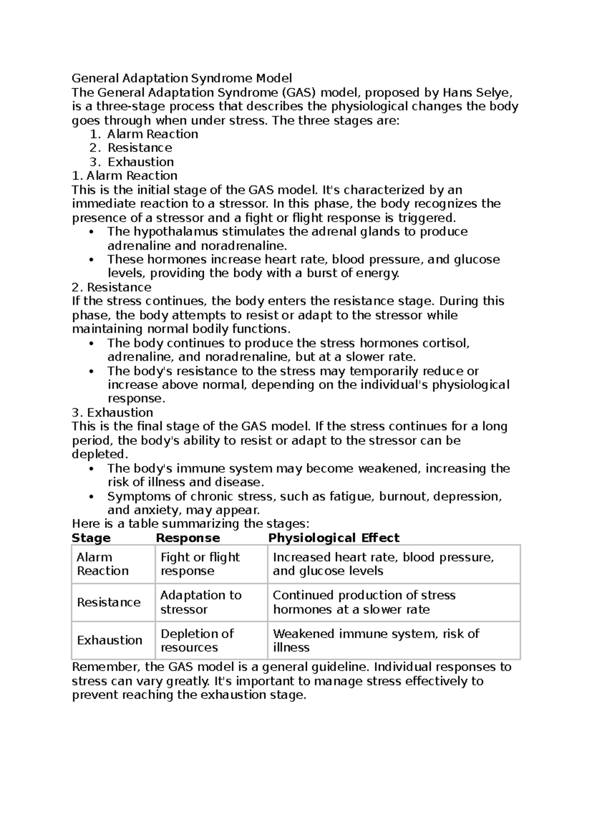 General Adaptation Syndrome Model - The three stages are: 1. Alarm ...