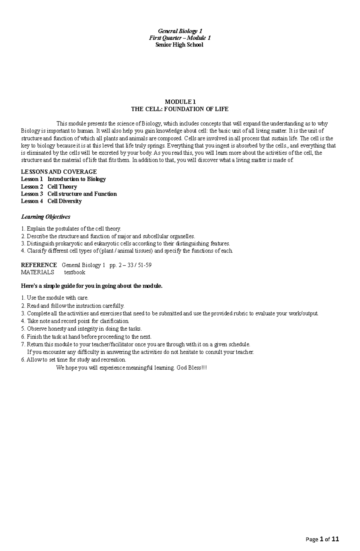 Biology 1 Q 1 Module - First Quarter – Module 1 Senior High School ...