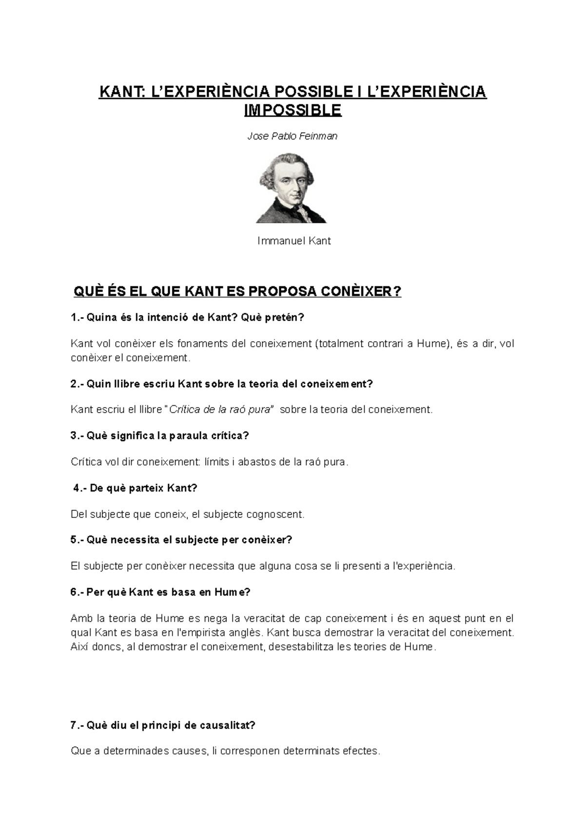 Tasca 2 Kant - Apunts de Kant. - KANT: L’EXPERIÈNCIA POSSIBLE I L’EXPERIÈNCIA IMPOSSIBLE Jose ...