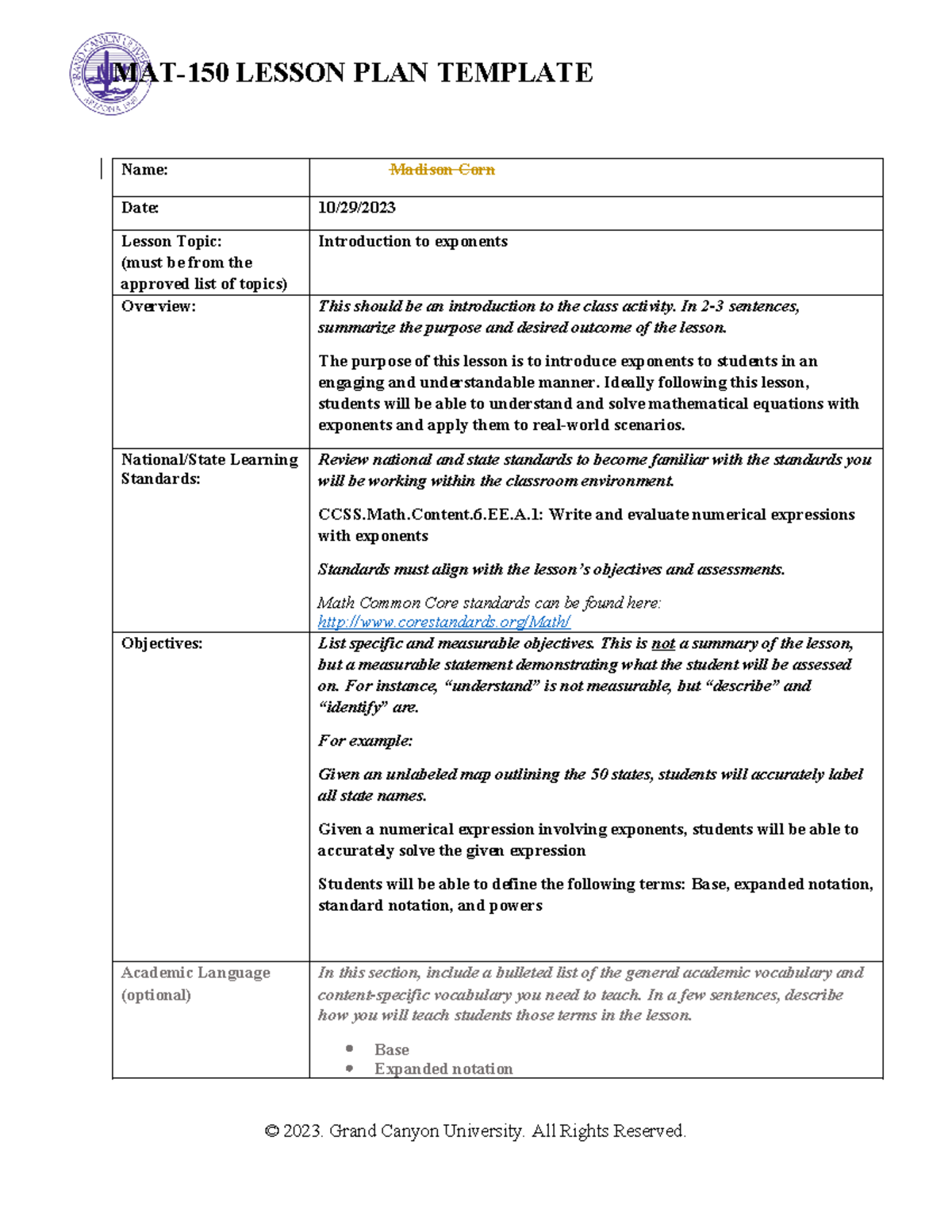 MAT-150 Lesson Plan Template - MAT-150 LESSON PLAN TEMPLATE Name ...