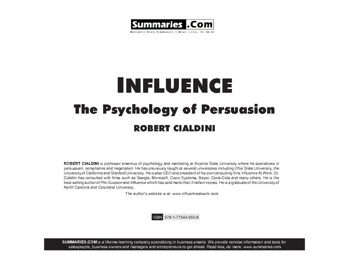 Influence - INFLUENCE The Psychology of Persuasion ROBERT CIALDINI ...