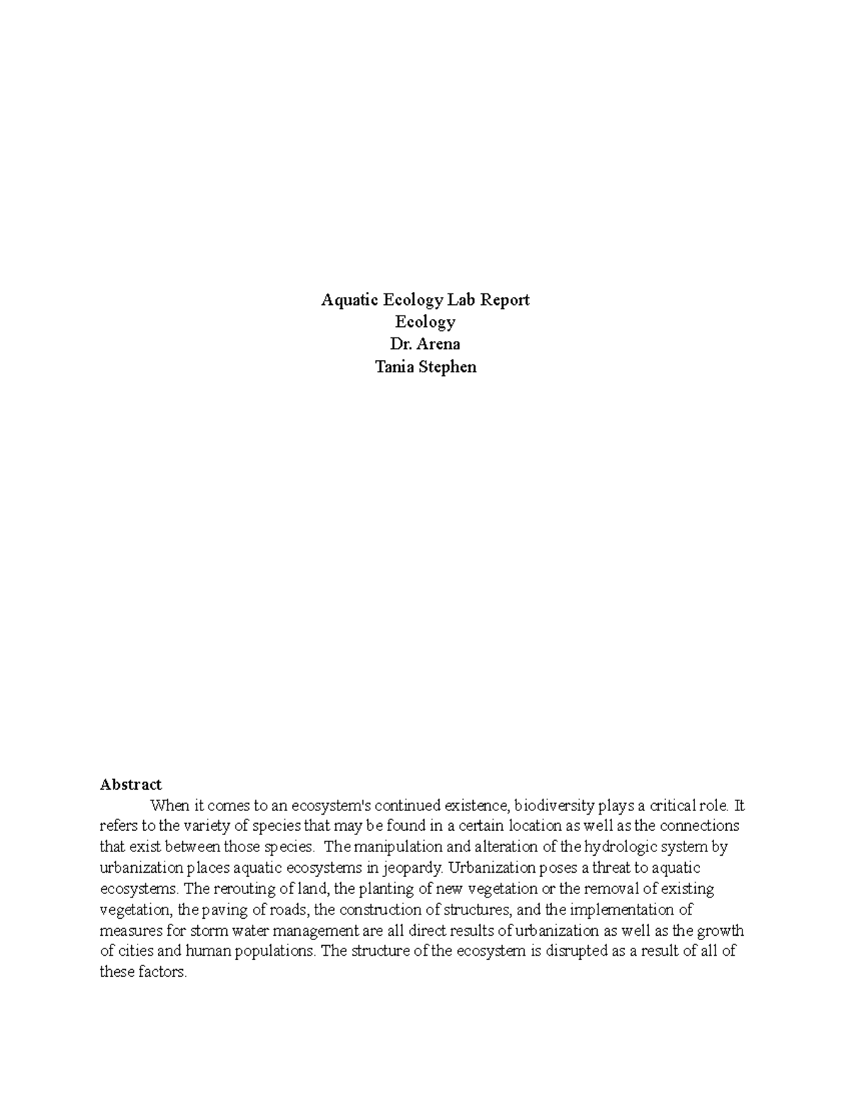 Aquatic Ecology Lab Report - Aquatic Ecology Lab Report Ecology Dr ...