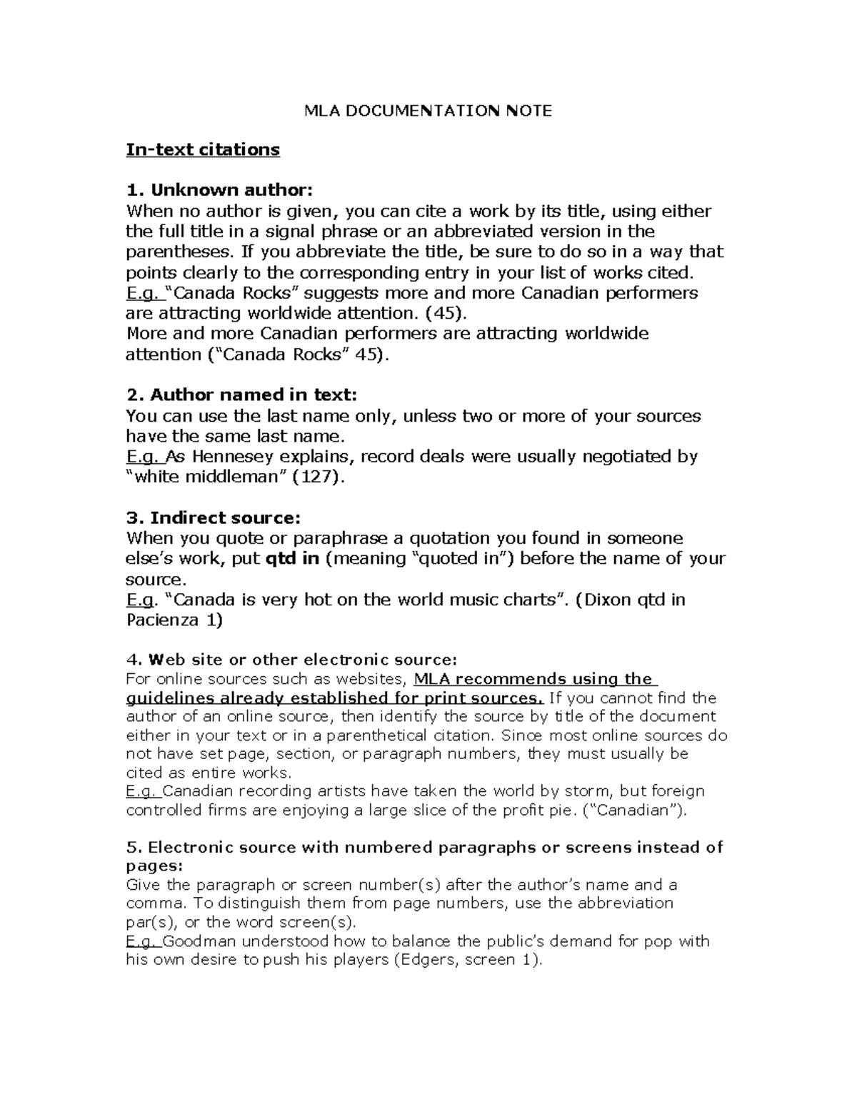 MLA Docmtn Note Fall 18 - MLA DOCUMENTATION NOTE In-text citations 1 ...