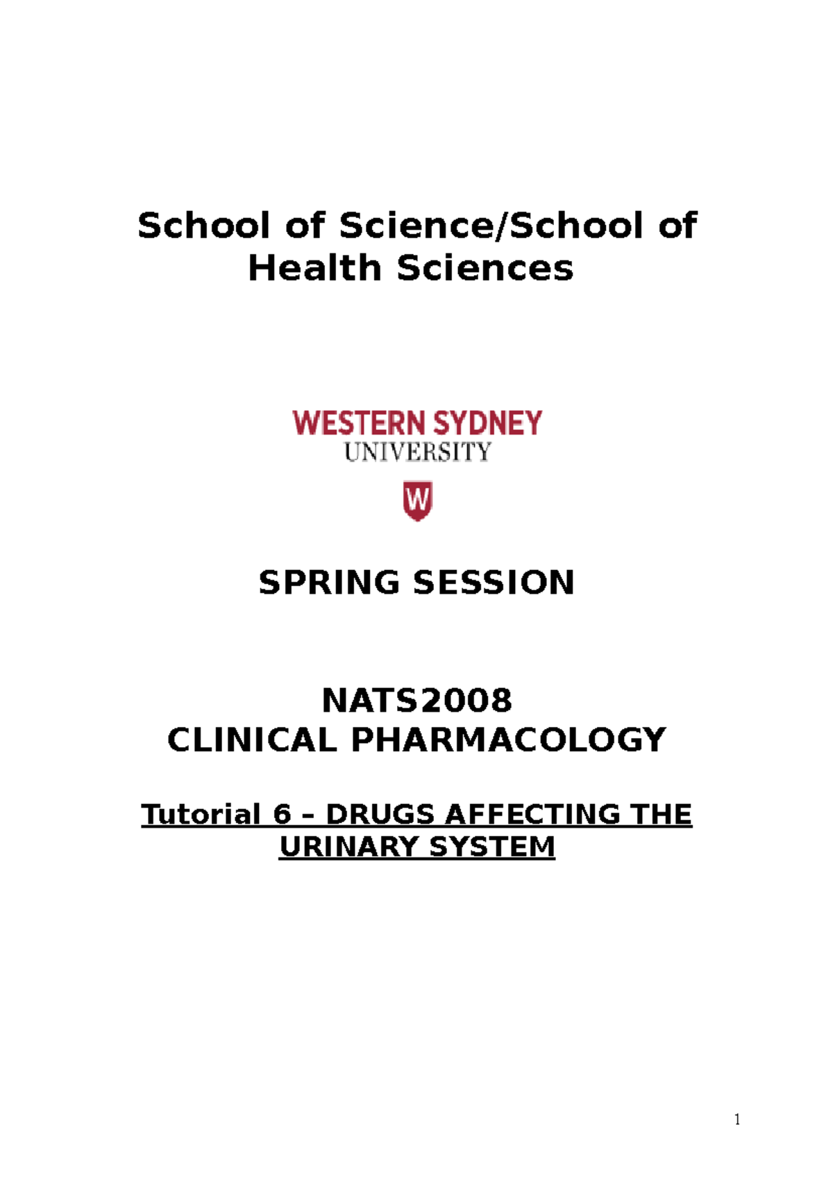 Week 6 Clinical Pharmacology (NATS2008 ) Tutorial Worksheet - School of ...