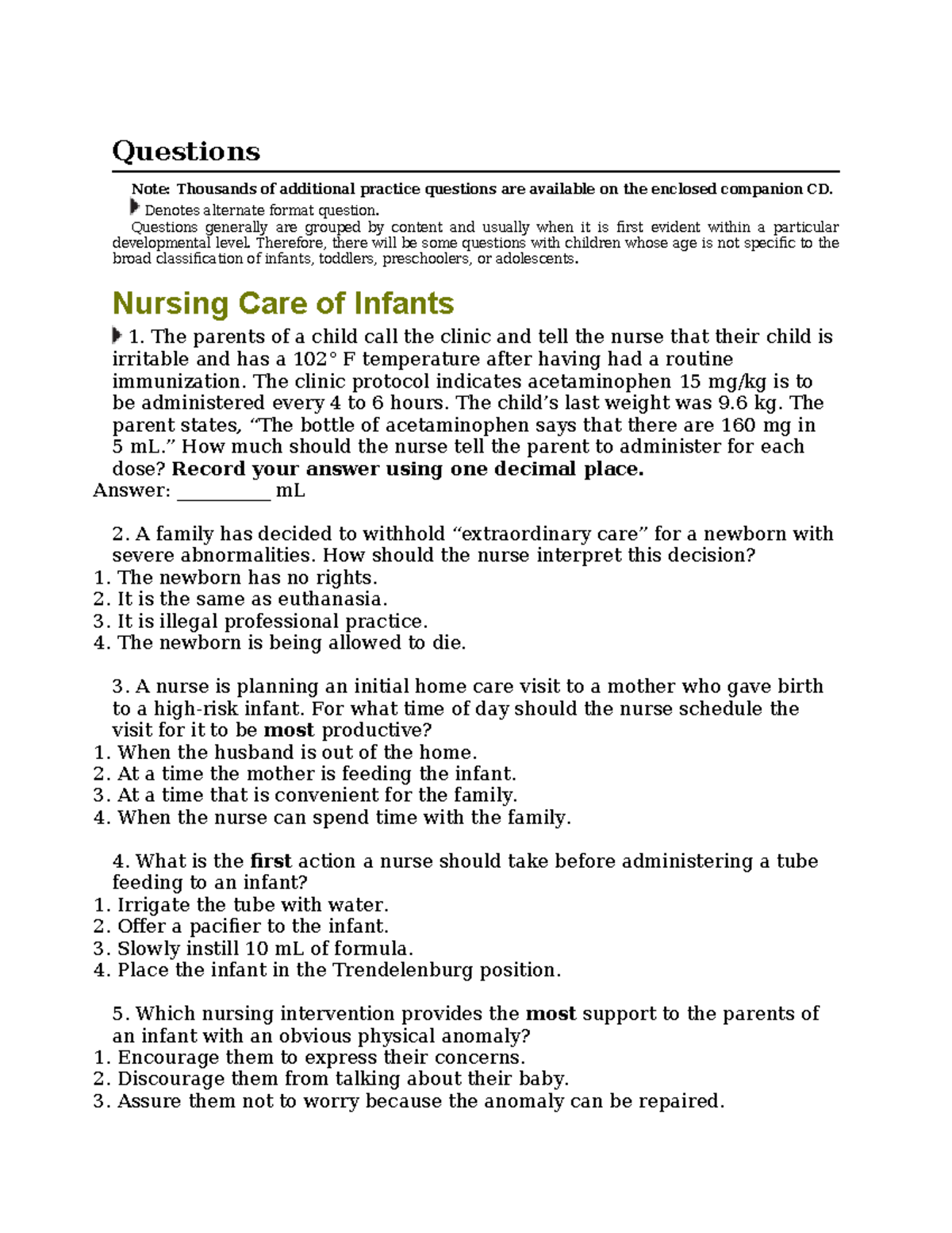 Peds Nclex Review Questions and Answers - Pediatrics - Questions Note ...